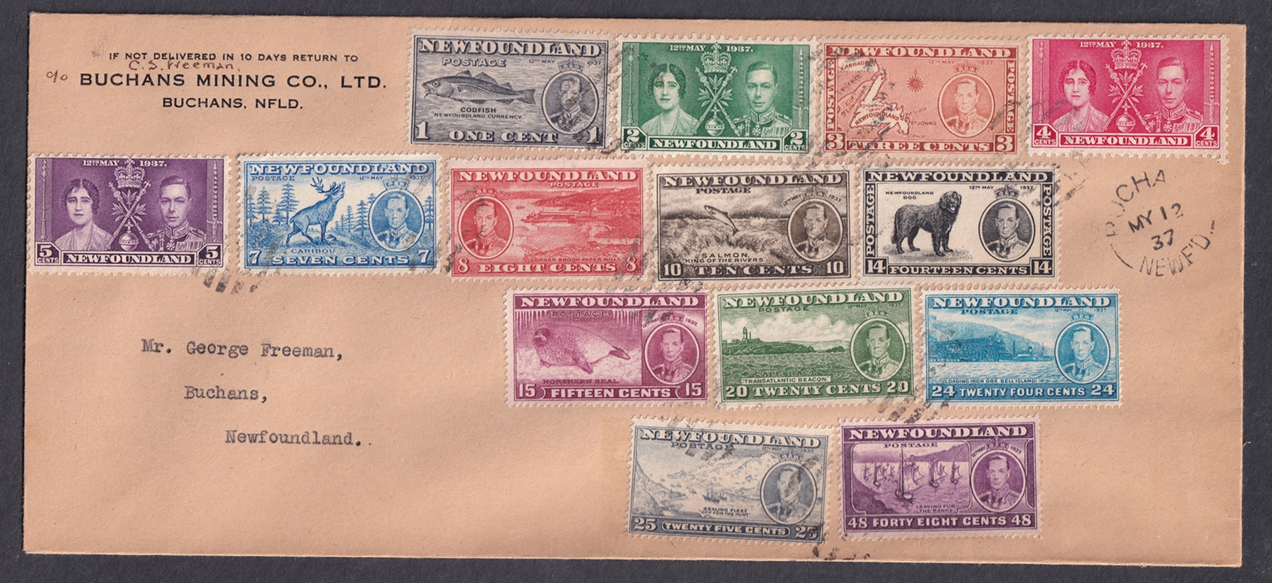 Classic Stamps - Newfoundland 1937 Sc 230-43 FDC cover to Buchans with ...